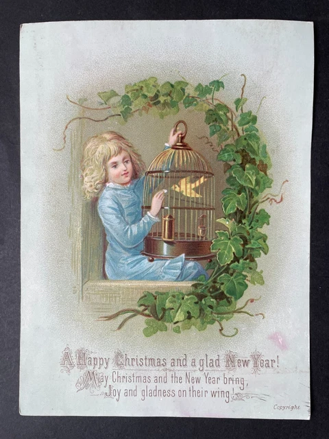 VICTORIAN GREETING CARD Young Girl On Window Ledge Holding Bird Cage ...