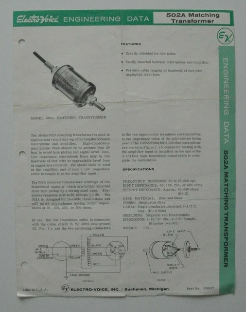 ELECTRO-VOICE 502A MATCHING Transformer Engineering Data sheet 1960s ...