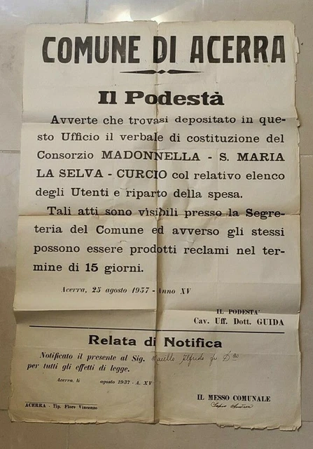 ANTICO MANIFESTO COMUNE Di Acerra Madonnella S Maria La Selva Curcio ...