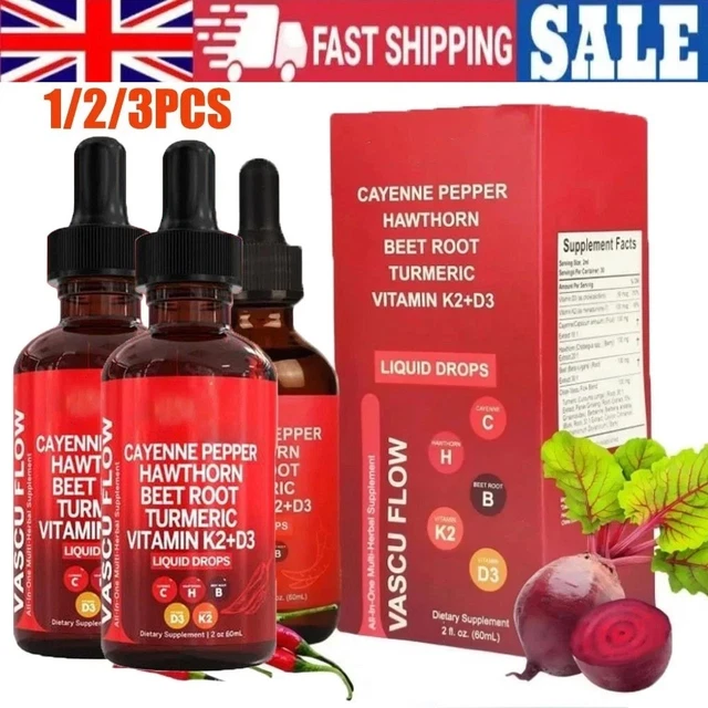 VASCU FLOW CAYENNE Pepper Liquid Drops Hawthorn Beef Root Turmric ...