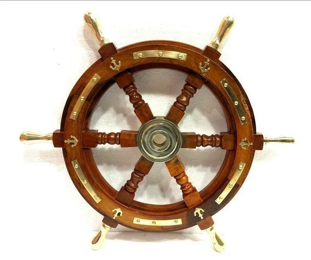 ROUE DE BATEAU en bois massif, ancre et bandes de 18 pouces avec poignées... EUR 114,89 ...