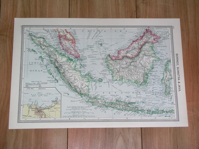 1908 ANTIQUE MAP Of Sumatra Borneo Brunei Singapore Indonesia Jakarta ...
