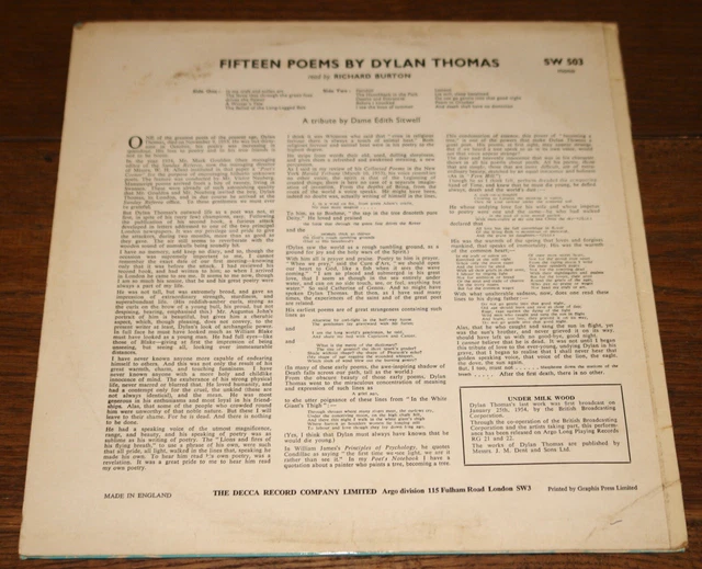 RICHARD BURTON READS 15 Poems By Dylan Thomas Uk Argo Mono Vinyl Lp ...