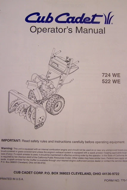 CUB CADET OPERATOR'S Manual Snow Thrower Models 724 We & 522 We £4.02 - PicClick UK