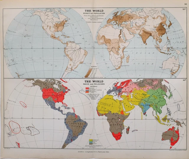 1889 MAP WORLD Density Of Population Races & Religions Christian Roman ...