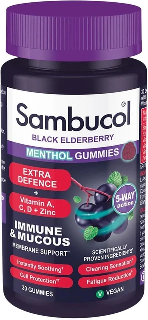 SAMBUCOL EXTRA DEFENCE Menthol Gummies Vitamin A C D + Zinc 30 Gummies ...