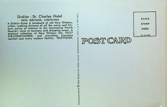 DINKLER ST CHARLES Hotel New Orleans Louisiana Postcard 1950s Curt ...