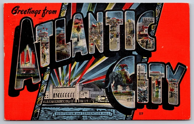 ATLANTIC CITY NJ~AUDITORIUM Convention Hall~Large Letter Vintage Linen ...