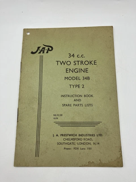 JAP MODEL 34B Type 2 34cc Two Stroke Engine Instructions & Spare Parts ...