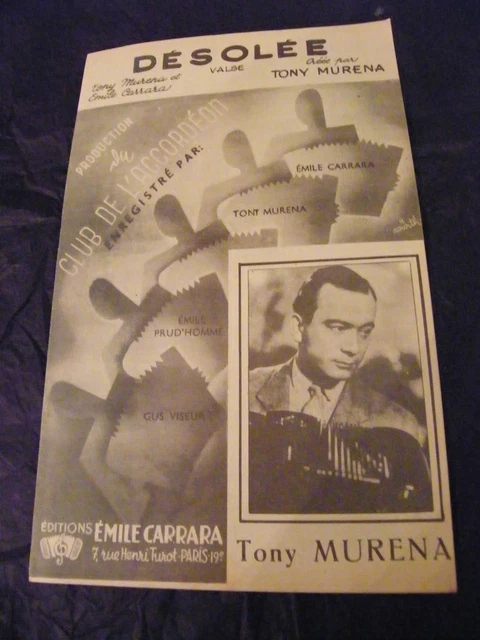PARTITURA DÉSOLÉE TONY Muréna Valse 1951 Foglio Musicale EUR 13,47 ...