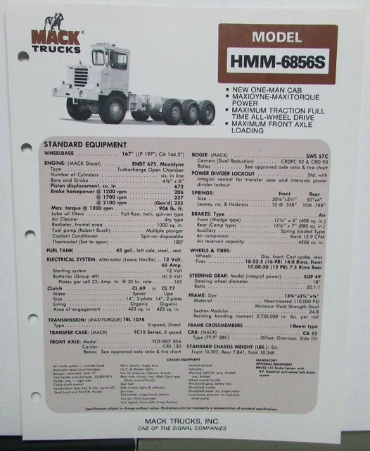 1970 MACK TRUCKS Model R 600LST Diagrams Dimensions Sales Brochure ...