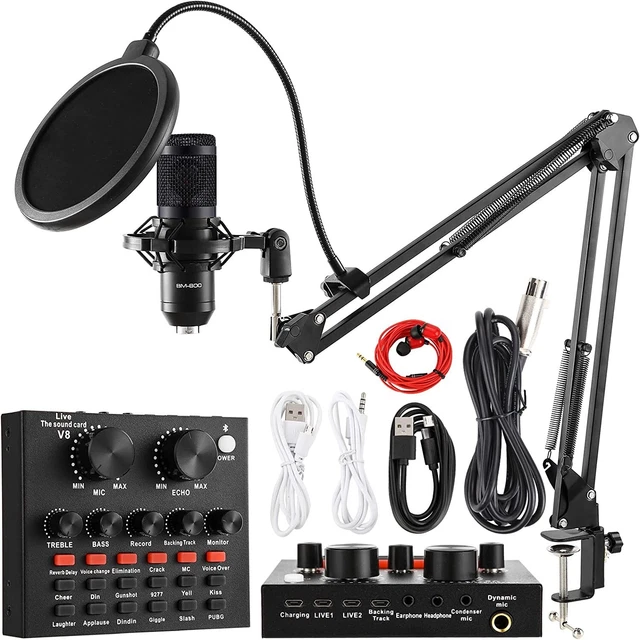PACCHETTO MICROFONO A condensatore RUBEHOOW V8 con scheda audio live BM ...