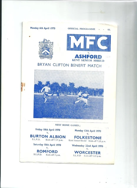 MARGATE V ASHFORD K.S.S. 1969-70 BRYAN CLIFTON BENEFIT MATCH £1.66 ...