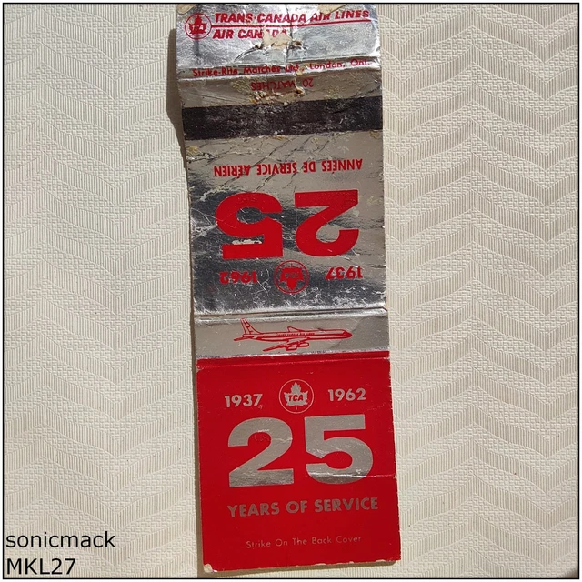 TRANS-CANADA AIR LINES 25 Years of Service 1962 Cover Matchbook Label ...