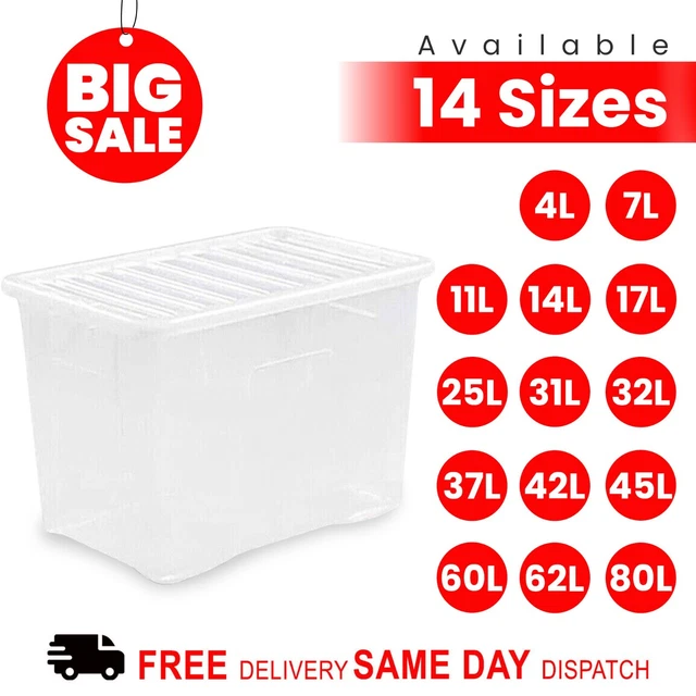 CLEAR PLASTIC STORAGE Boxes With Lids Home Office Clothes Stackable ...