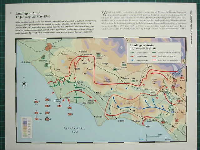 WW2 WWII MAP ~ Landings At Anzio 17 Jan-26 May 1944 Attacks Front Line ...