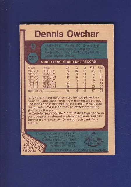 DENNIS OWCHAR 1977-78 O-PEE-CHEE OPC Hockey #391 (EXMT) Penguins de ...