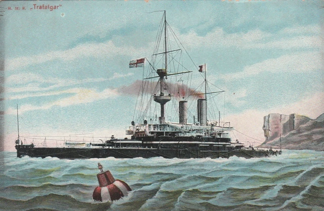 ROYAL NAVY POSTCARD. HMS "Trafalgar" Battleship. Port. Printed: Germany ...
