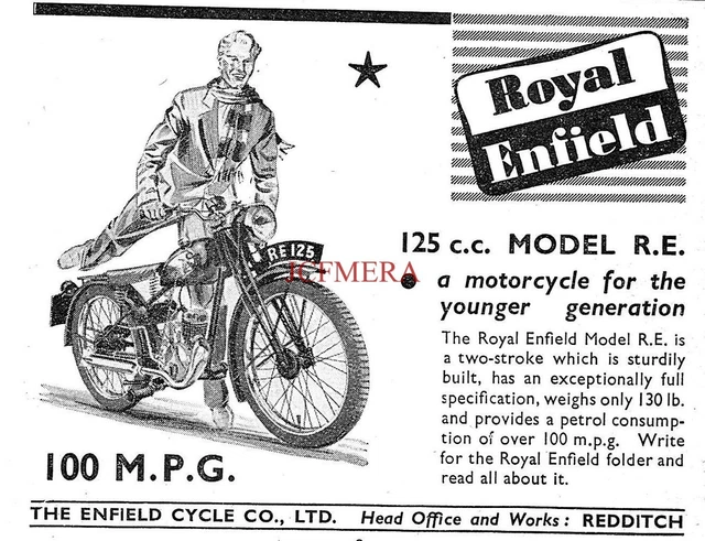 ROYAL ENFIELD 'MODEL RE' 125cc Motor Cycle 1953 Advert : Potter Heigham ...