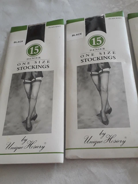 VINTAGE 3 PAIRS Unique Hosiery 15 denier Black nylon stockings. One ...