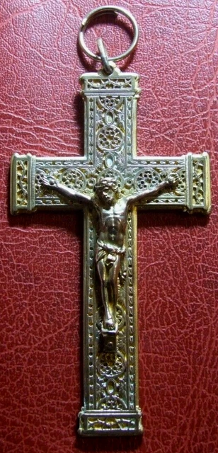 VINTAGE FRENCH LARGE golden cross Crucifixion of Jesus 123x47mm signed ...