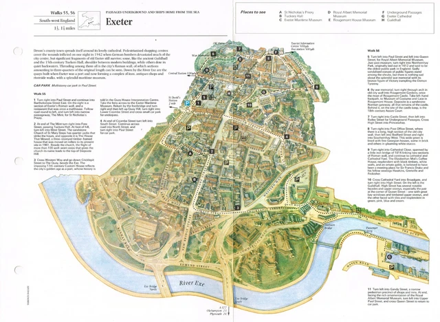 EXETER DEVON 1990 Vintage Walking Route & Map #55-56 £3.49 - PicClick UK