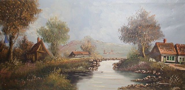 TABLEAU ANCIEN HUILE impressionniste paysage fluvial de village EUR 375,89 - PicClick FR