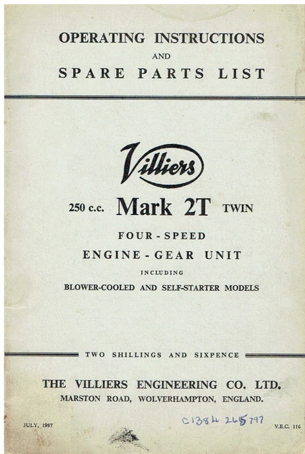 VILLIERS MK2T 250CC TWIN 4-SPEED ENGINE/GEAR UNIT ORIGINAL 1957 OWNERS ...