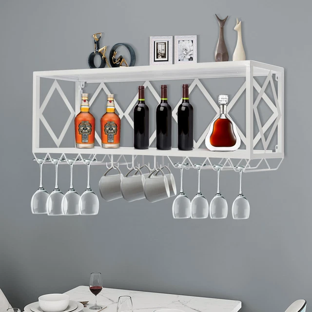 WINE RACK BAR Unit Floating Shelves Wall-Mounted Inverted Wine Glass ...