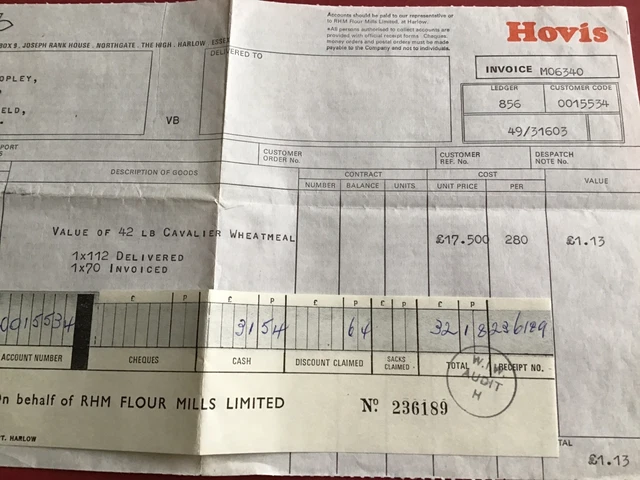 HOVIS BREAD RHM Flour Mills Ltd Essex Cavalier Wheatmeal 1972 Receipt ...