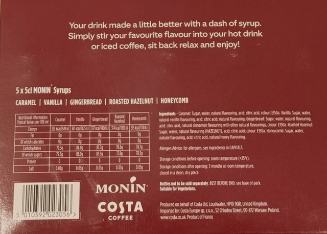 COSTA COFFEE SYRUP Set Gift 5x5cl Monin Caramel/Vanilla/Gingerbread ...