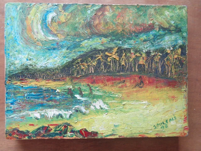 BELLE HUILE SUR TOILE signée SOULE ALI Baigneurs sur une plage Peinture ...