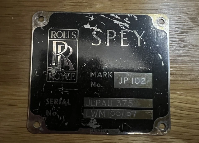 RAF ROLLS ROYCE F4 Phantom Spey Jet Engine Ident Plate Mark No Jp102 £75.00 - PicClick UK