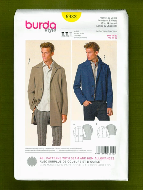 MEN'S CASUAL LINED Jacket & Coat Sewing Pattern (Sizes 34-50) Burda ...