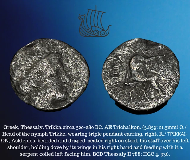 320-280 BC GREEK Thessaly Trikka AE Trichalkon 5.85g Trikke & Asklepios ...