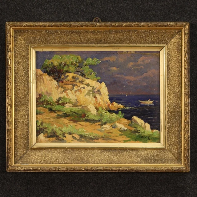 TABLEAU SIGNÉ PAYSAGE marine bateaux falaise peinture huile 20ème siècle 900 EUR 950,00 ...