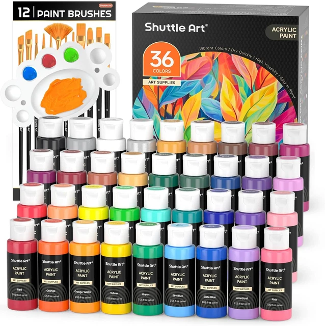 ACRYLIC PAINT SET, 36 Colors (60Ml, 2Oz) with 12 Brushes & 1 Palette ...