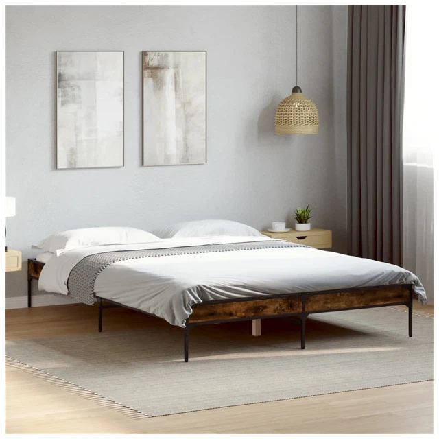 BED FRAME SMOKED Oak 120x200 cm Engineered Wood Metal Plywood Slats ...
