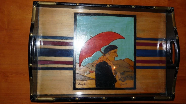 SUPERBE PLATEAU TABLEAU bois pyrogravé signé LEGAT & BUSSY EUR 34,99 ...