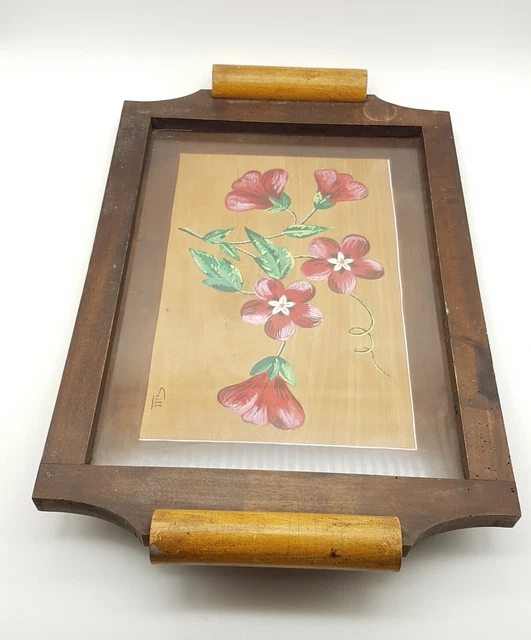 ANCIEN PLATEAU SERVICE thé café Bois 52,5x33 cm Joli Motif Fleur sous ...