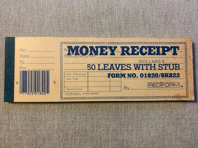 VINTAGE REDIFORM MONEY Receipt Book: 50 Leaves With Stub Check Booklet ...