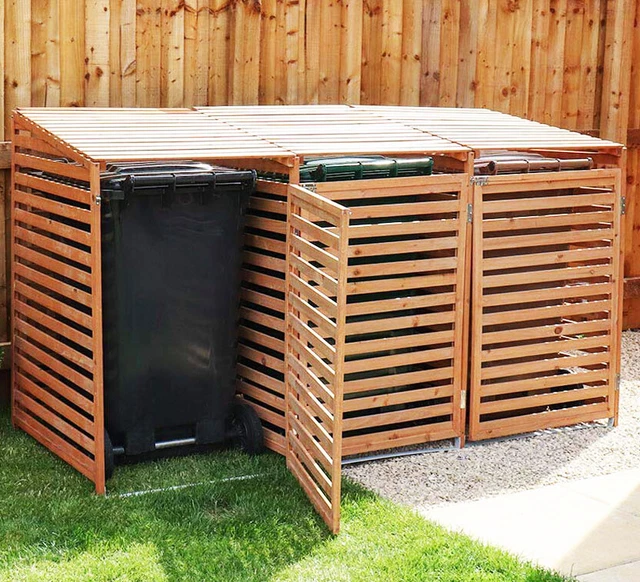 TRIPLE WHEELIE BIN Storage Wooden Store Cover Garden Rubbish Dustbin 3 ...