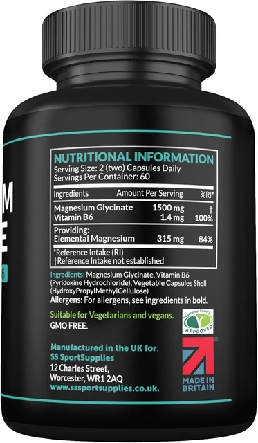 MAGNESIUM GLYCINATE SUPPLEMENTS 1500mg & Vitamin B6-120 Free Delivery £ ...