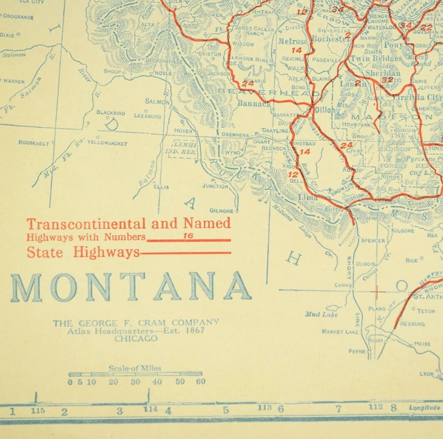 1920S ANTIQUE AUTO Road Map of MONTANA Vintage Montana Highway Map Wall ...