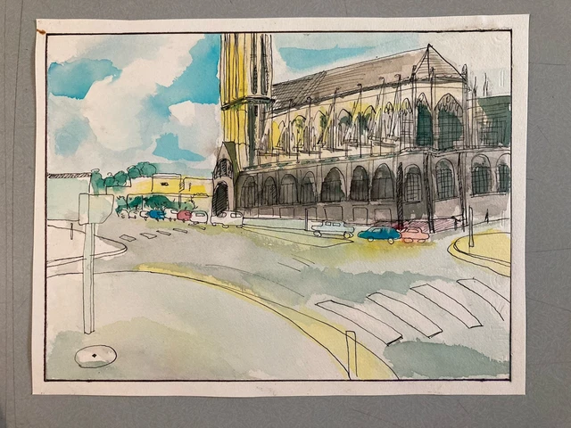 BEAUTIFUL WATERCOLOR DRAWING landscape painting church Saint Pierre De ...