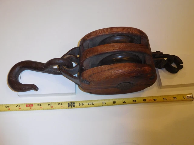 ANTIQUE LARGE PRIMITIVE Forged Iron Wood Double Block&Tackle Pulley Vtg ...