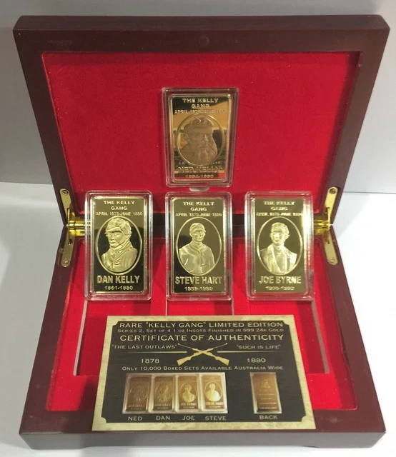 NED KELLY & GANG Set Of 4 x 1oz Ingots With D/Box Finished in 999 24k ...