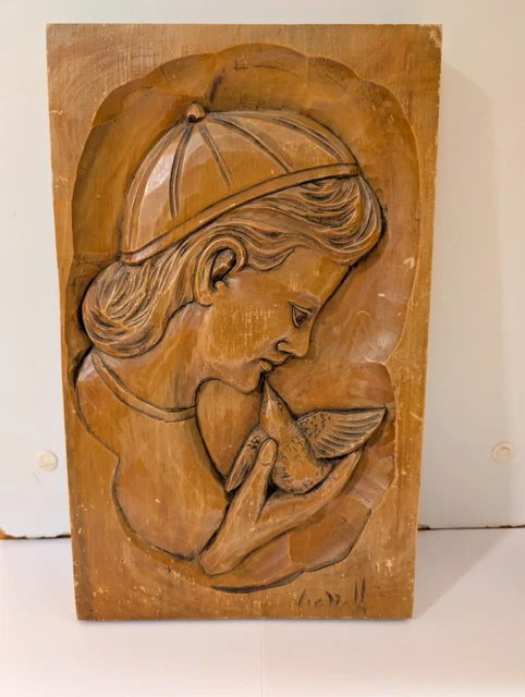VICTOR VIC DALLAIRE Signed Wood Bas Relief Quebec Folk Art Girl Bird ...