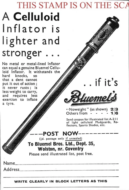 1930S ADVERT BLUEMELS Celluloid CYCLE Inflator PUMP (3) Small Print AD ...