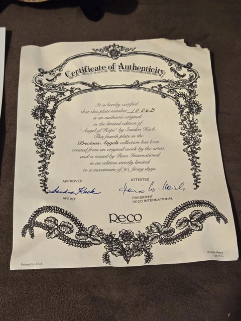 VINTAGE 1994 SANDRA Kuck Angel of Hope Plate RECO Precious Angels ...